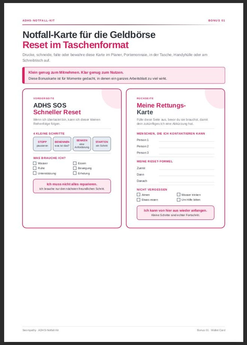 ADHD Emergency Kit German | 24-page Workbook for Overwhelm (printable ...
