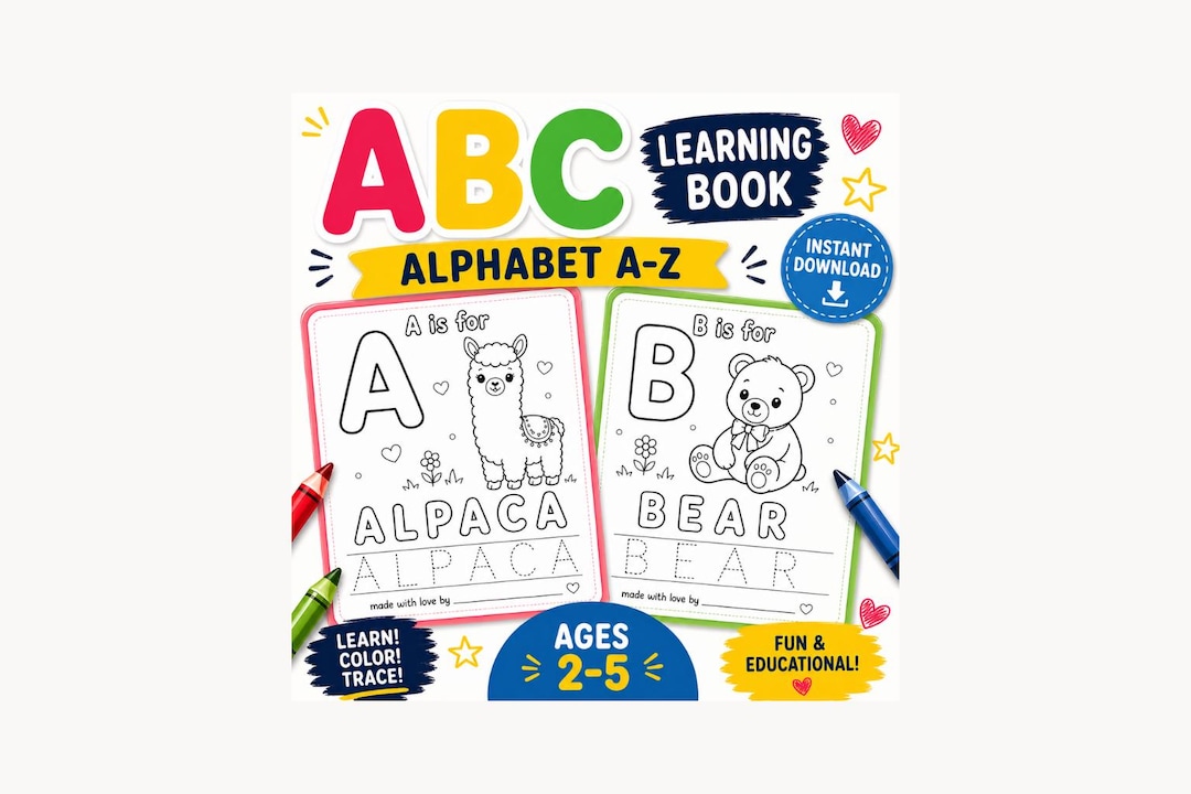 ABC Learning Book, Alphabet A-Z Coloring and Tracing Pages (instant ...