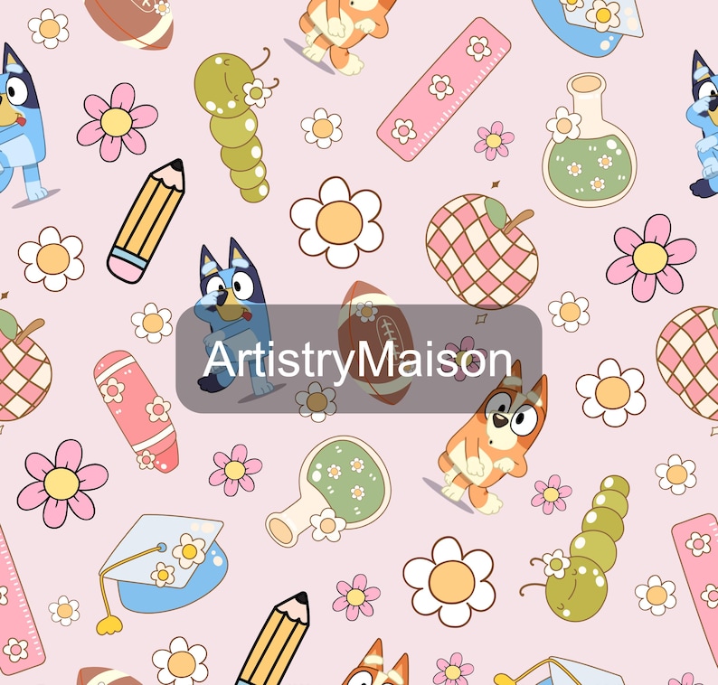Blue Dog Back to School Seamless Pattern Bluey Dog Seamless File Dog PNG Dog Digital Paper Bluey ...