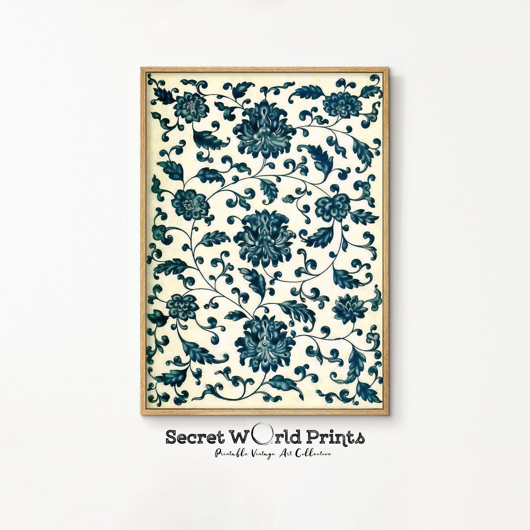 Dark Blue Floral Textile Digital Download | Vintage Textile Painting ...