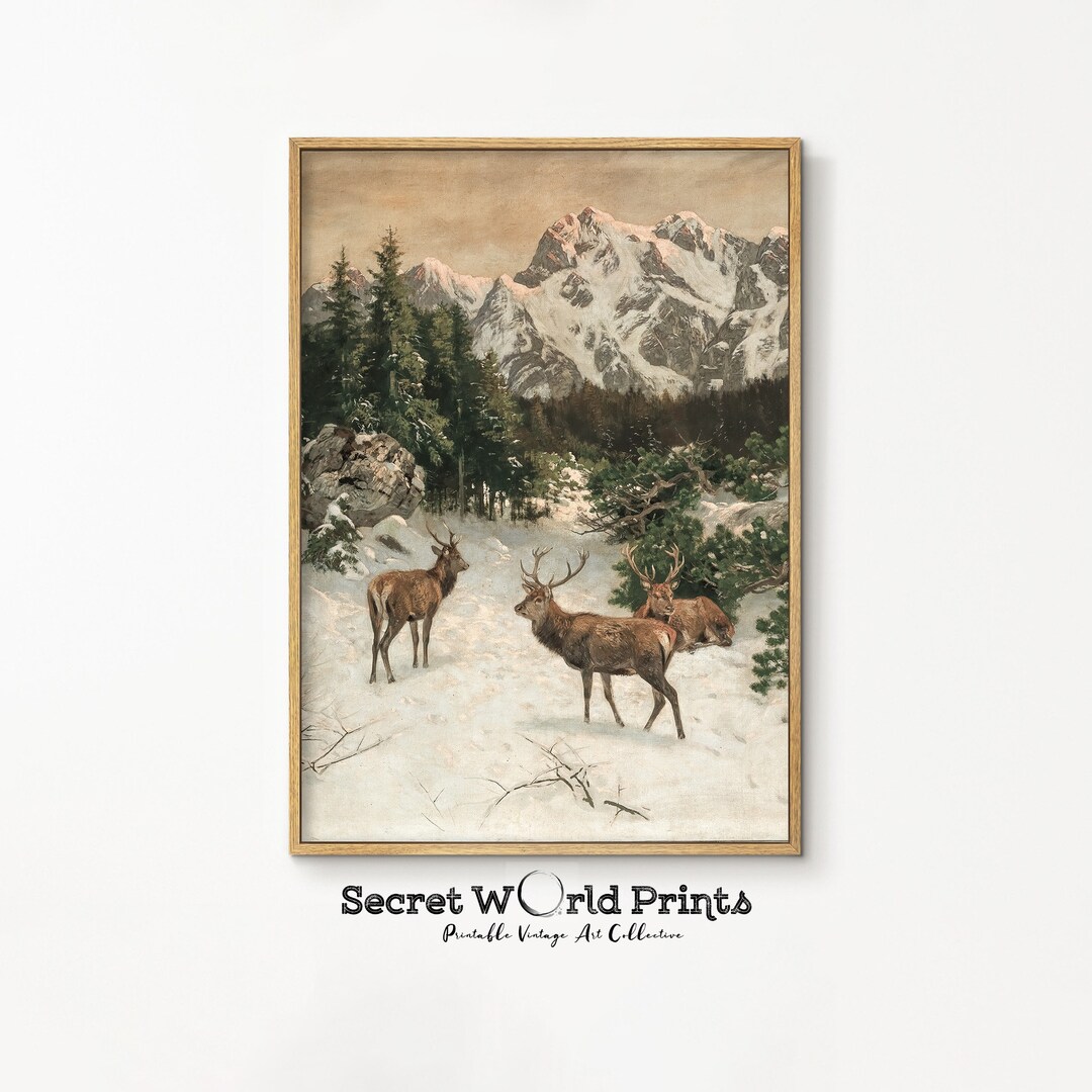 Vintage Deer Print: Rustic Winter Landscape Painting (digital Download ...
