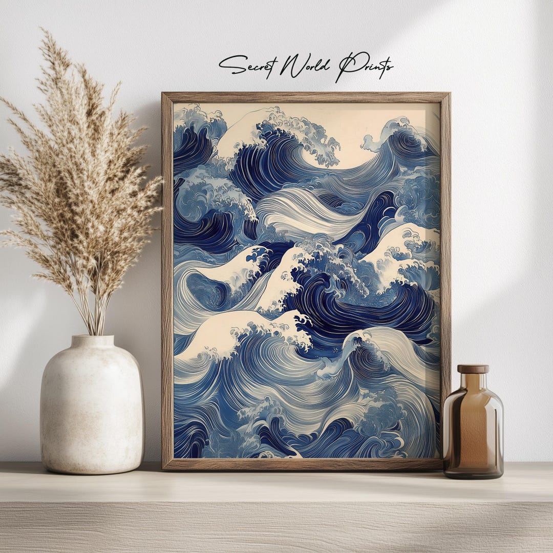 Japanese Blue Waves Print, Japandi Wall Art Print, Japanese Painting ...