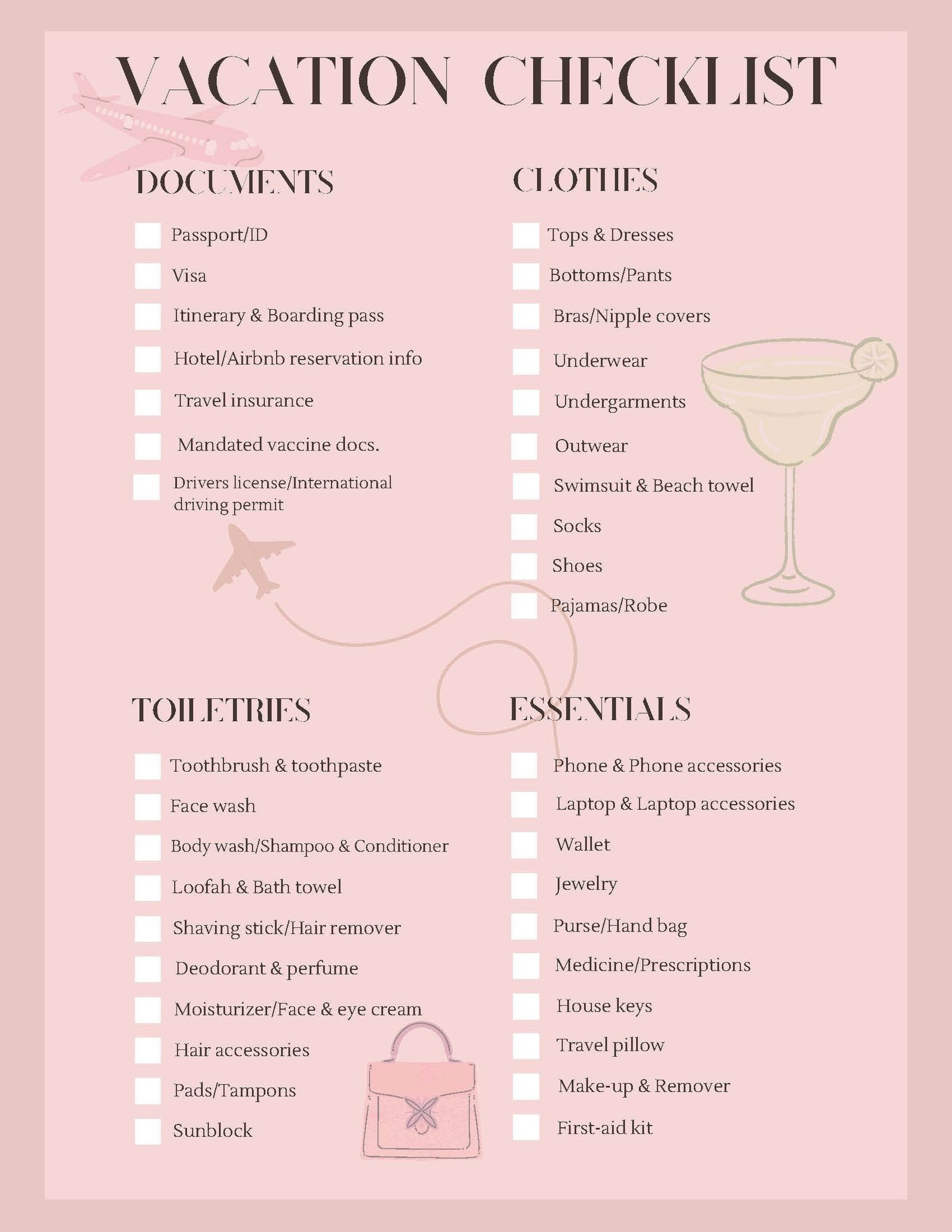 Vacation Checklist | Printable | Pink Aesthetic Travel List | Checklist ...