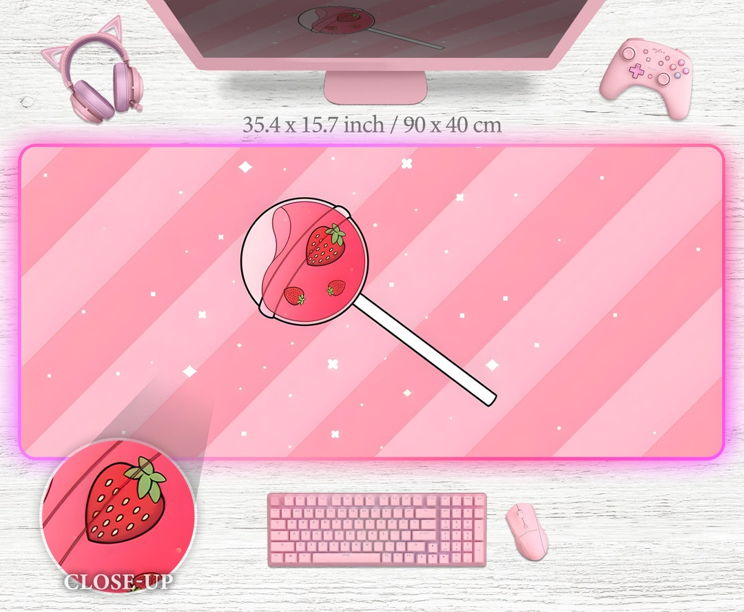 Pink Cute Deskmat Strawberry Lollipop Mousepad Large Deskpad Gaming Xxl ...
