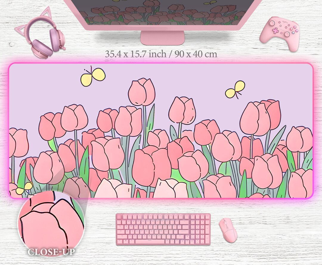 Cute Deskmat Landscape Tulips Kawaii Mousepad, Flowers Cute Mouse Pad ...