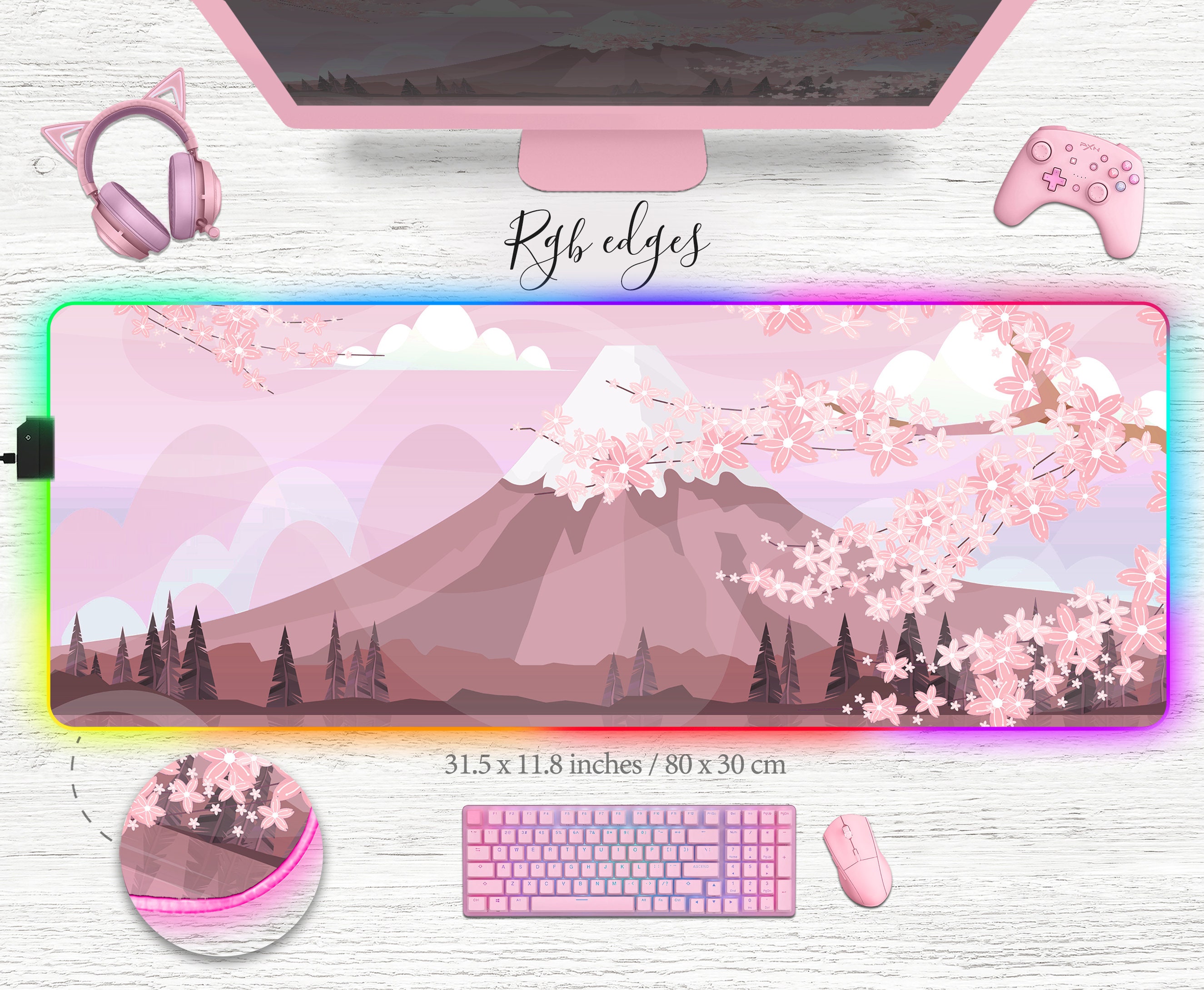 Japanese Pink Deskmat Fuji Mountain Sakura Mouse Pad, Cherry Blossom ...