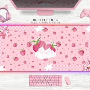 Pink Cute Deskmat Kawaii Mousepad Strawberry Milk, Pink Desk Mat ...