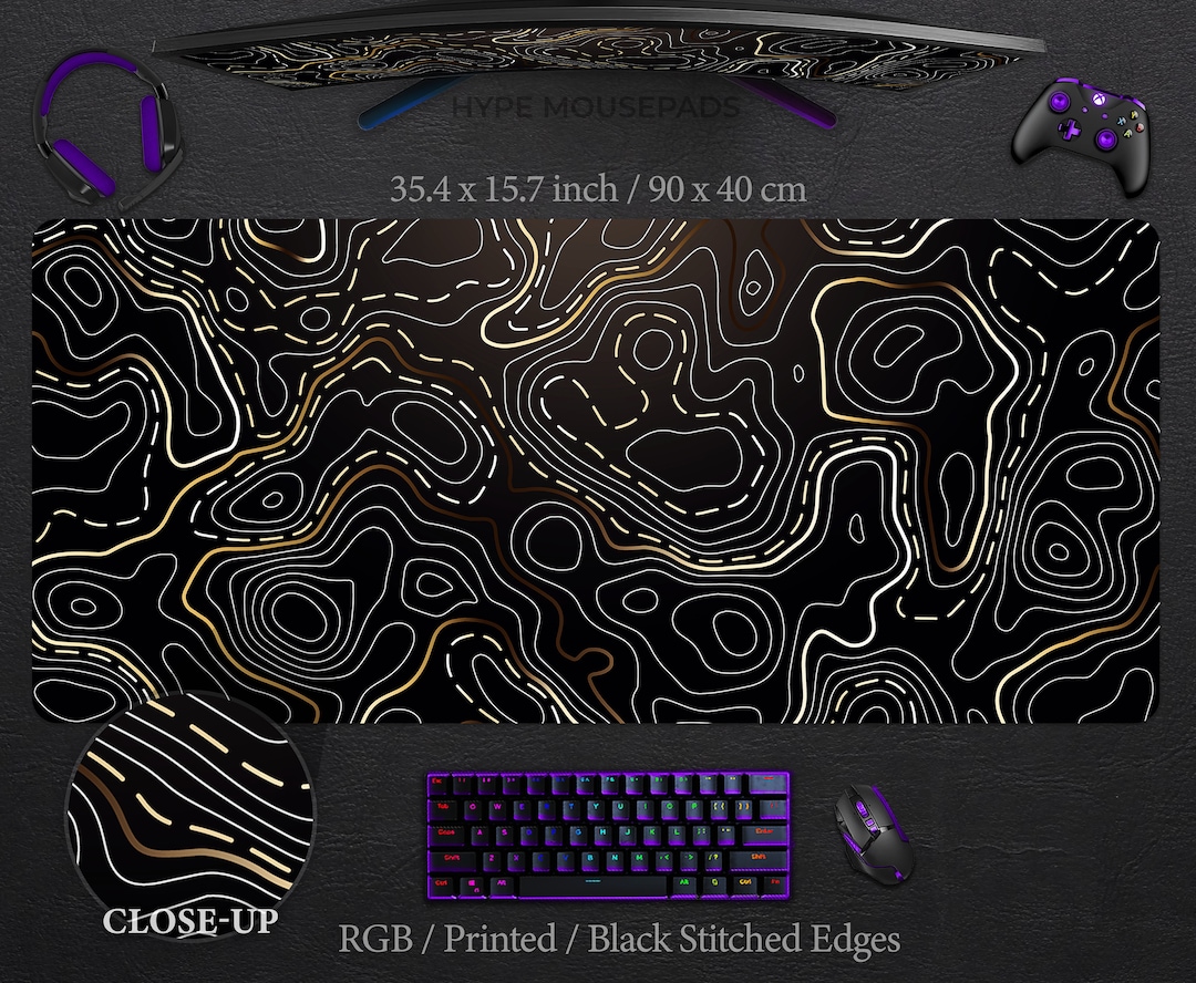 Gold Topo Desk Mat Mouse Pad Black Topo Abstract Swirl Topography, Xxxl ...