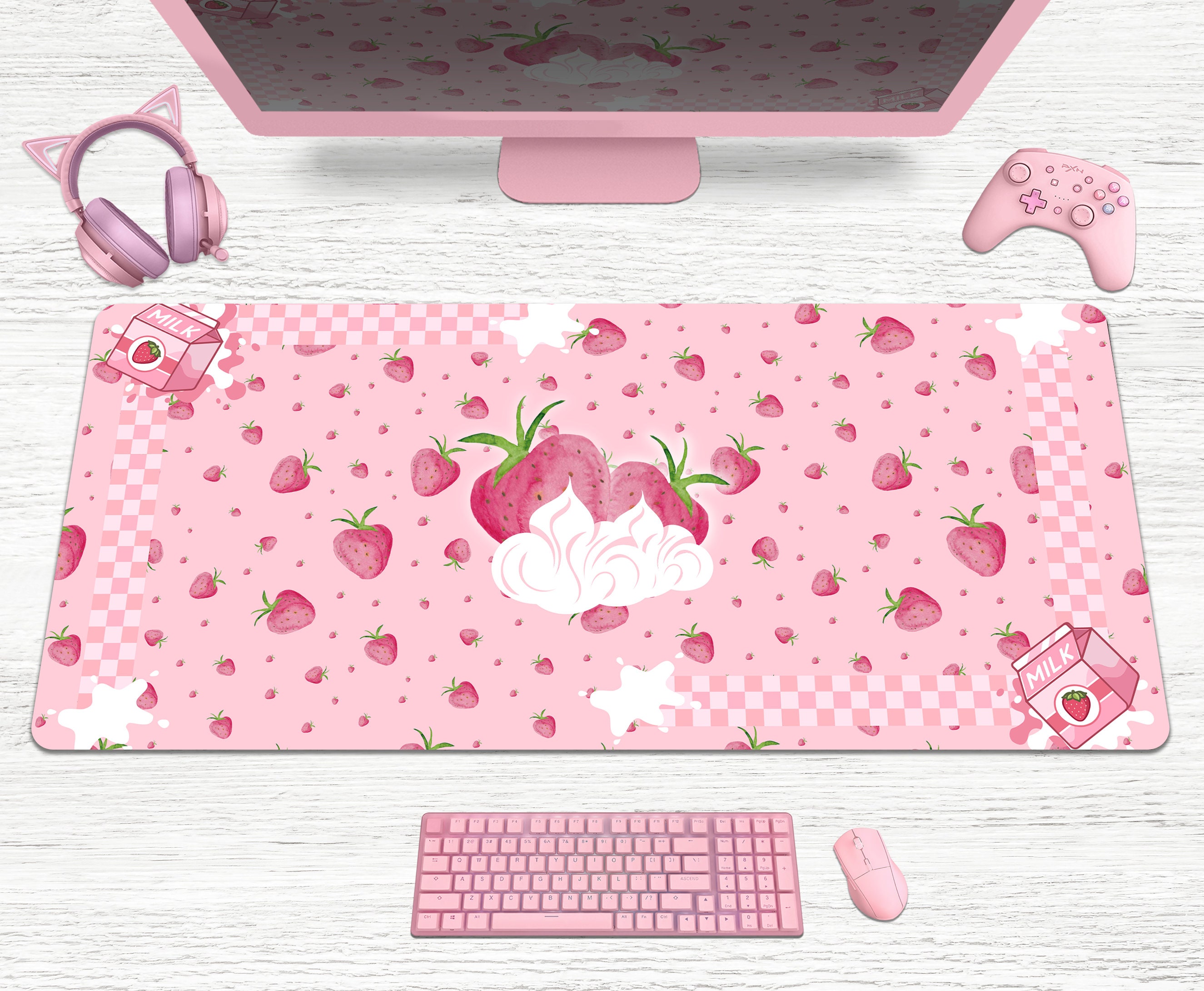 Pink Cute Deskmat Kawaii Mousepad Strawberry Milk, Pink Desk Mat ...