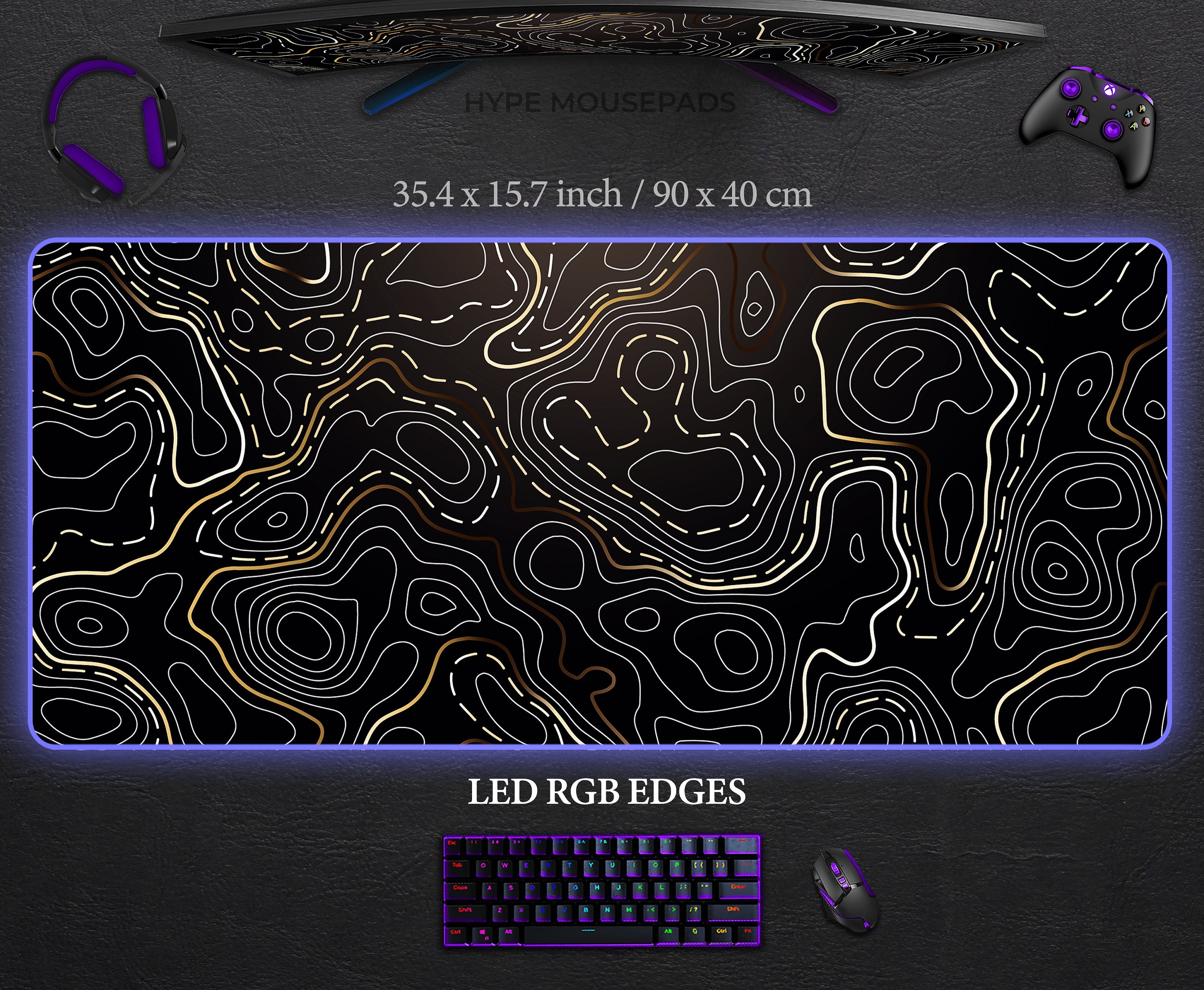 Gold Topo Desk Mat Mouse Pad Black Topo Abstract Swirl Topography, Xxxl ...