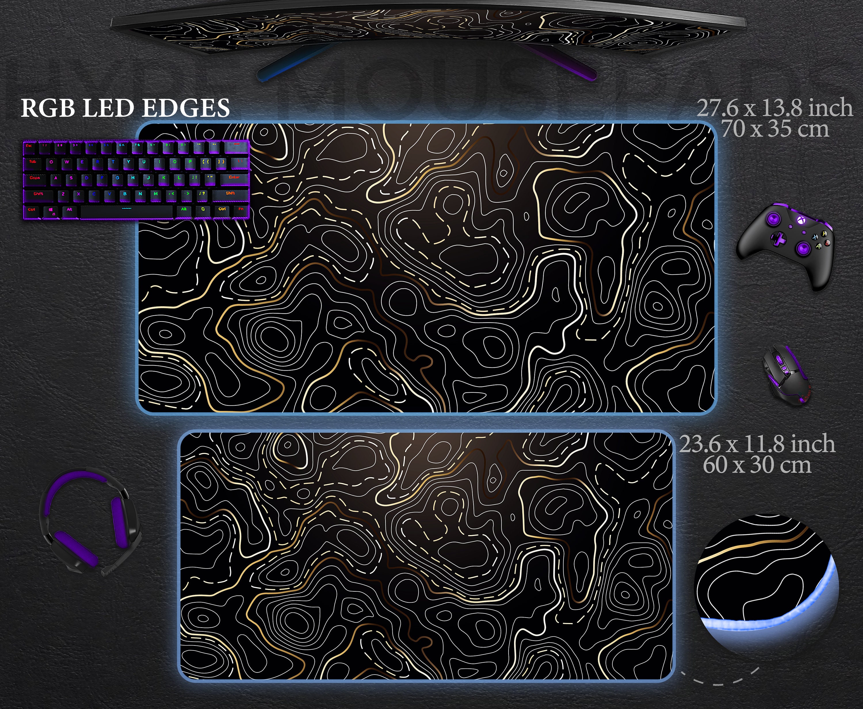 Gold Topo Desk Mat Mouse Pad Black Topo Abstract Swirl Topography, Xxxl ...