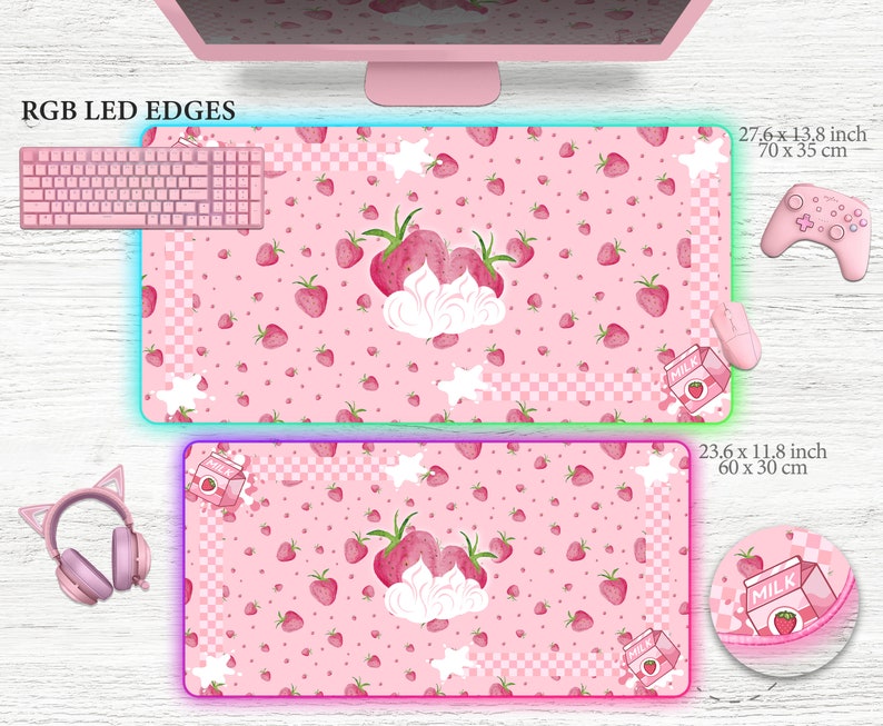 Pink Cute Deskmat Kawaii Mousepad Strawberry Milk, Pink Desk Mat ...