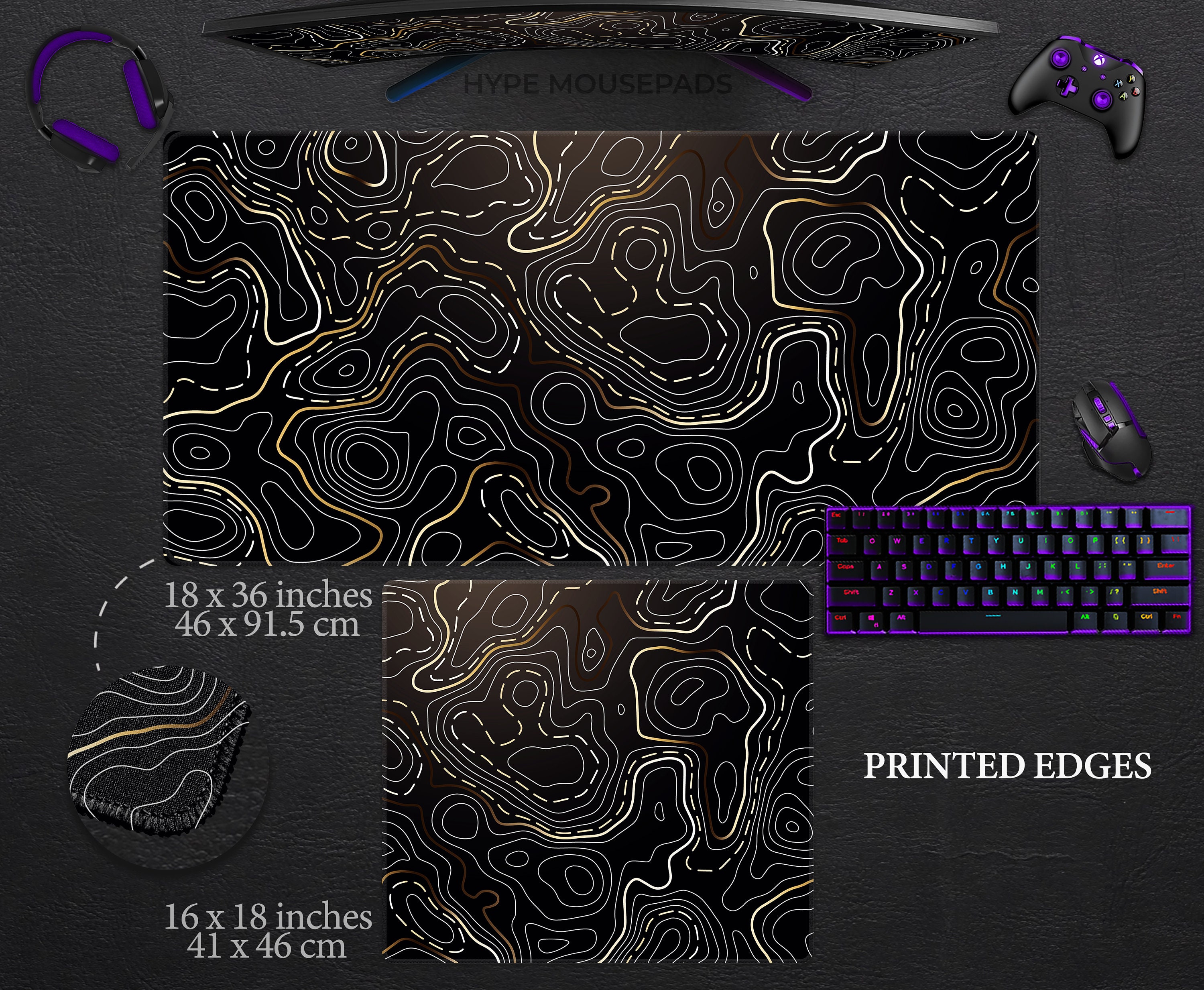 Gold Topo Desk Mat Mouse Pad Black Topo Abstract Swirl Topography, Xxxl ...