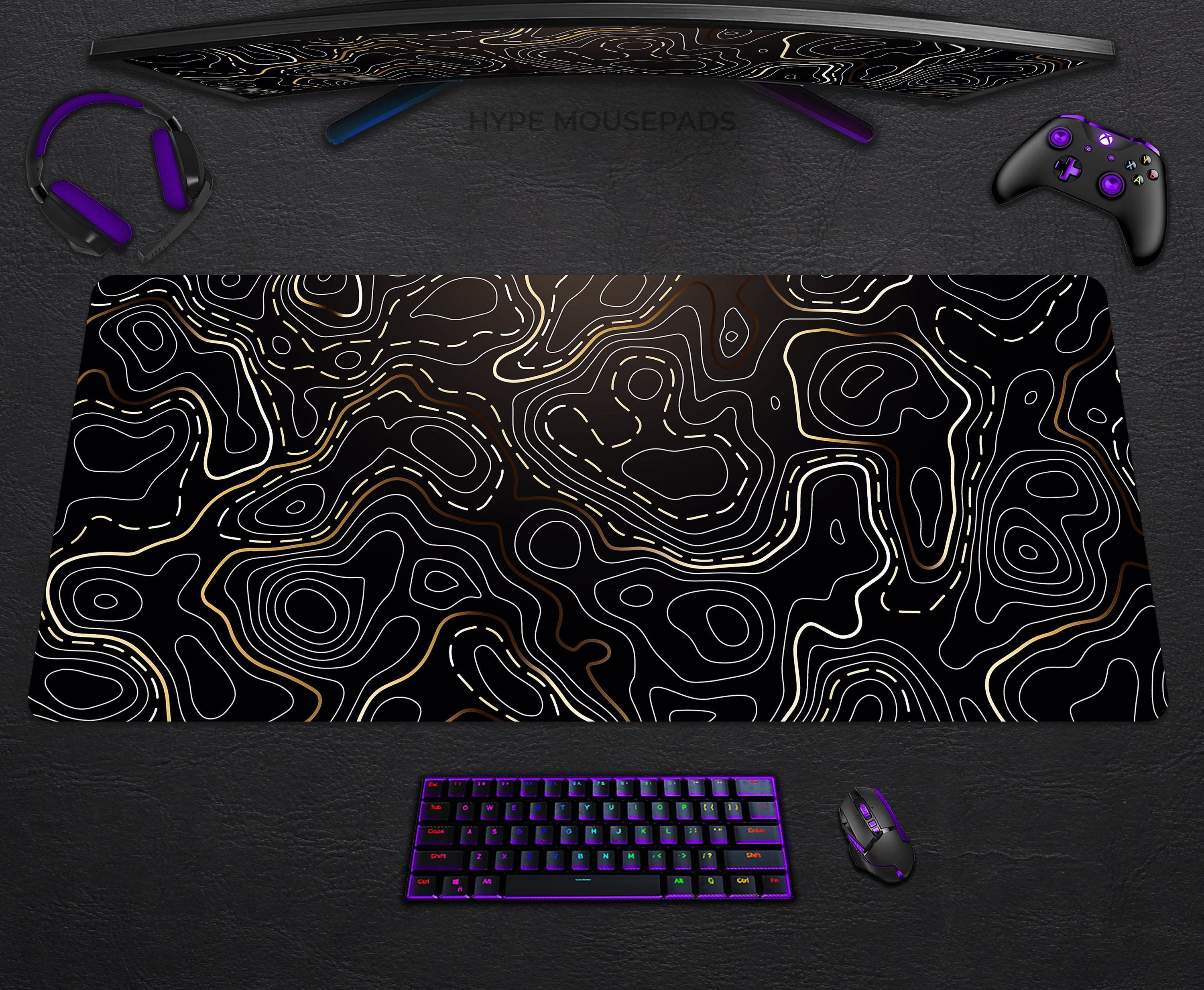 Gold Topo Desk Mat Mouse Pad Black Topo Abstract Swirl Topography, Xxxl ...