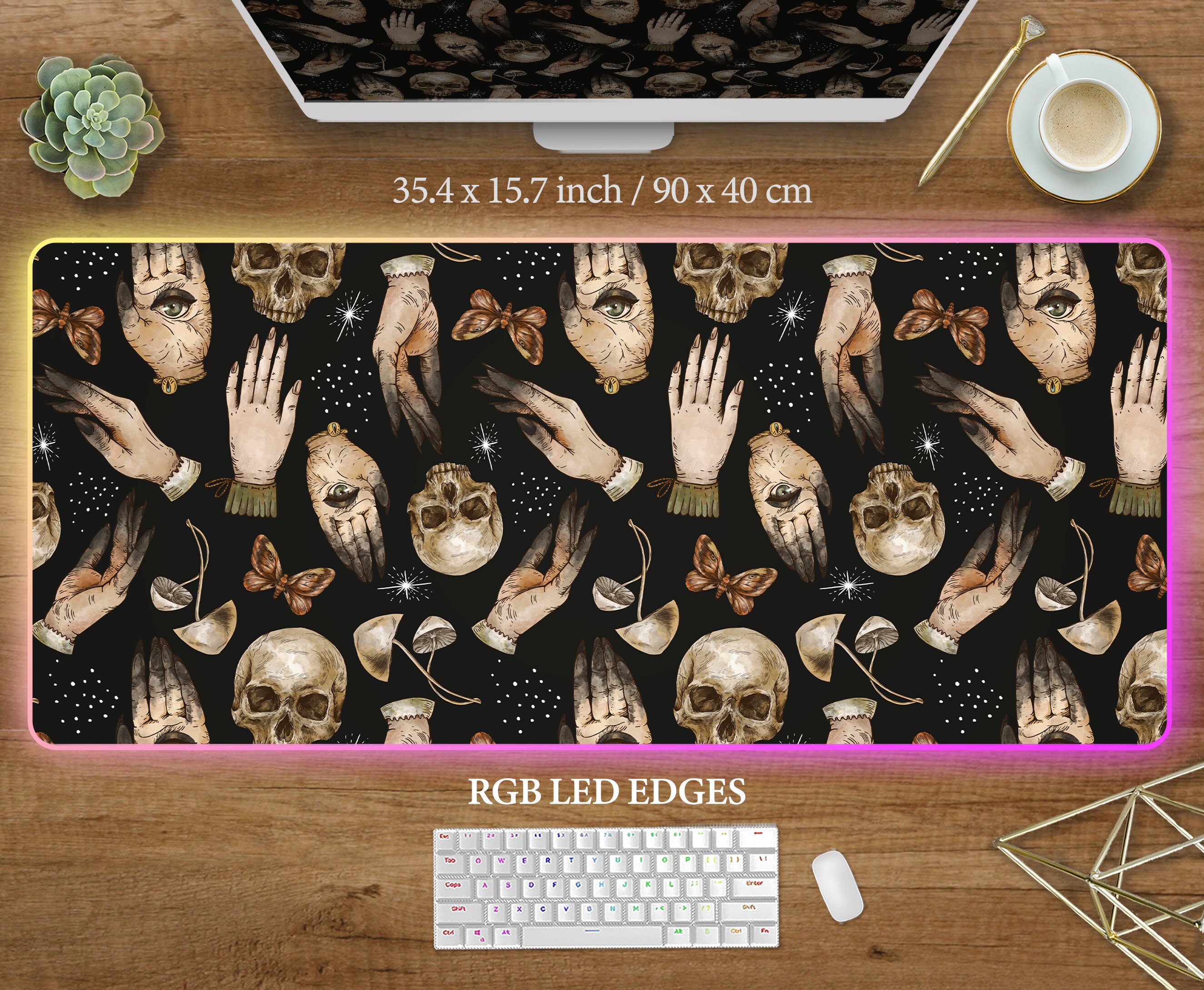 Cottagecore RGB XXL Mousepad Mushroom Skull Desk Mat Witchy Forest ...