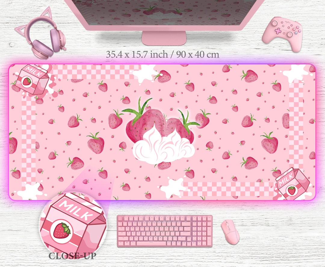 Pink Cute Deskmat Kawaii Mousepad Strawberry Milk, Pink Desk Mat ...