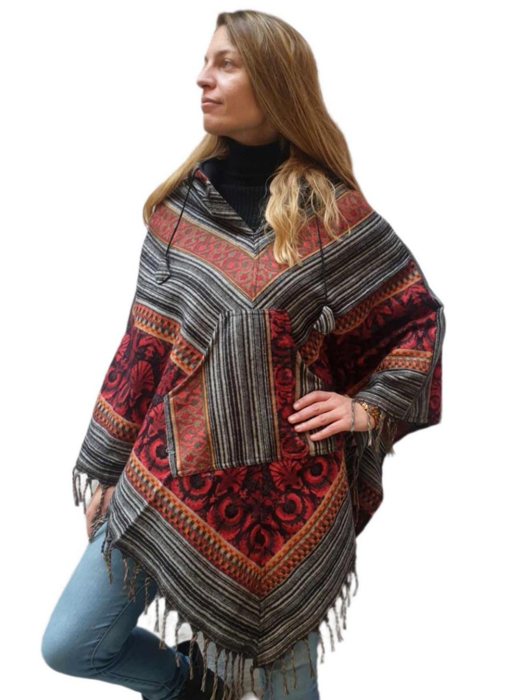 Handloomed Himalayan Yak Woolen and Cotton Mix Poncho, Very Warm and ...