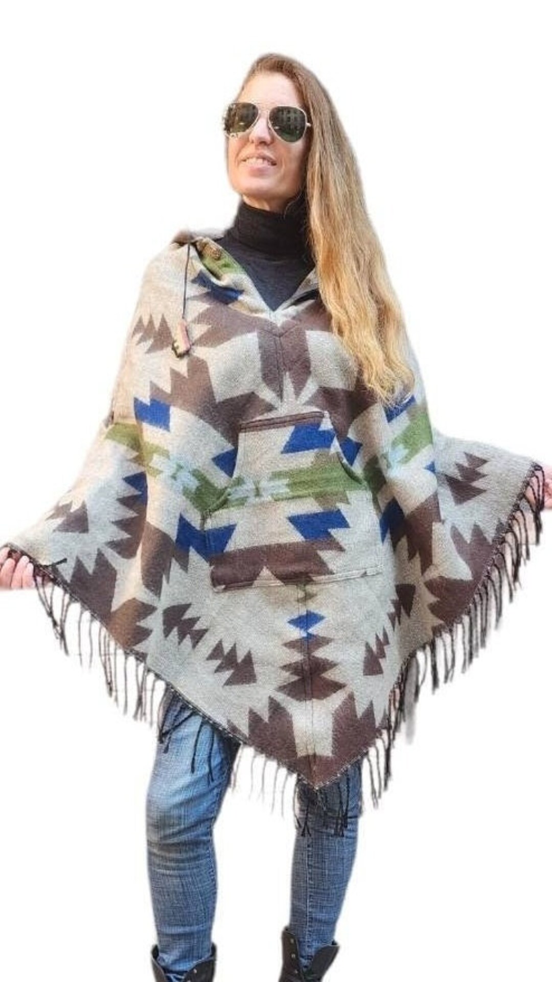Handloomed Himalayan Yak Woolen and Cotton Mix Poncho, Very Warm and ...