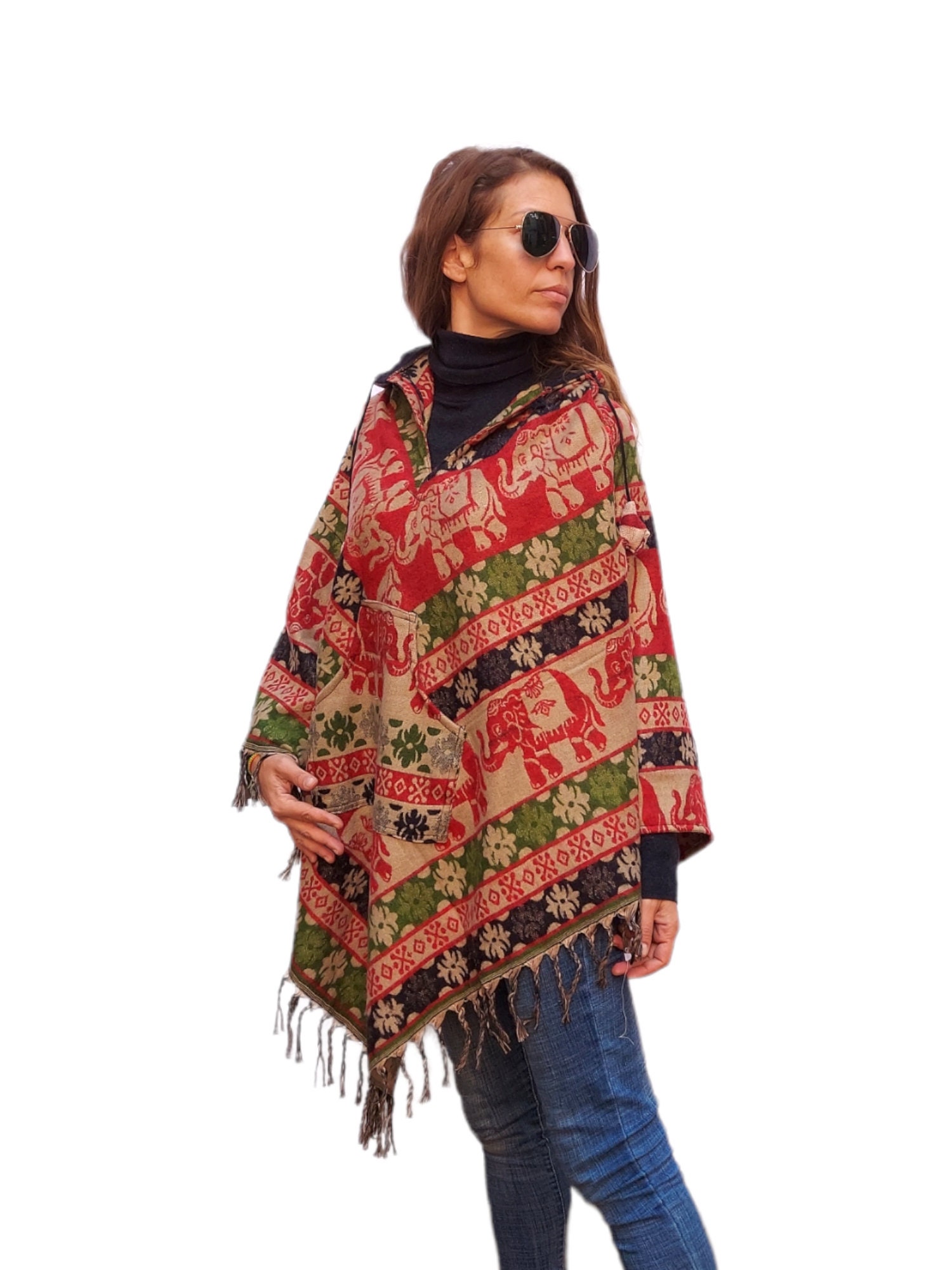 Handloomed Himalayan Yak Woolen and Cotton Mix Poncho, Very Warm and ...