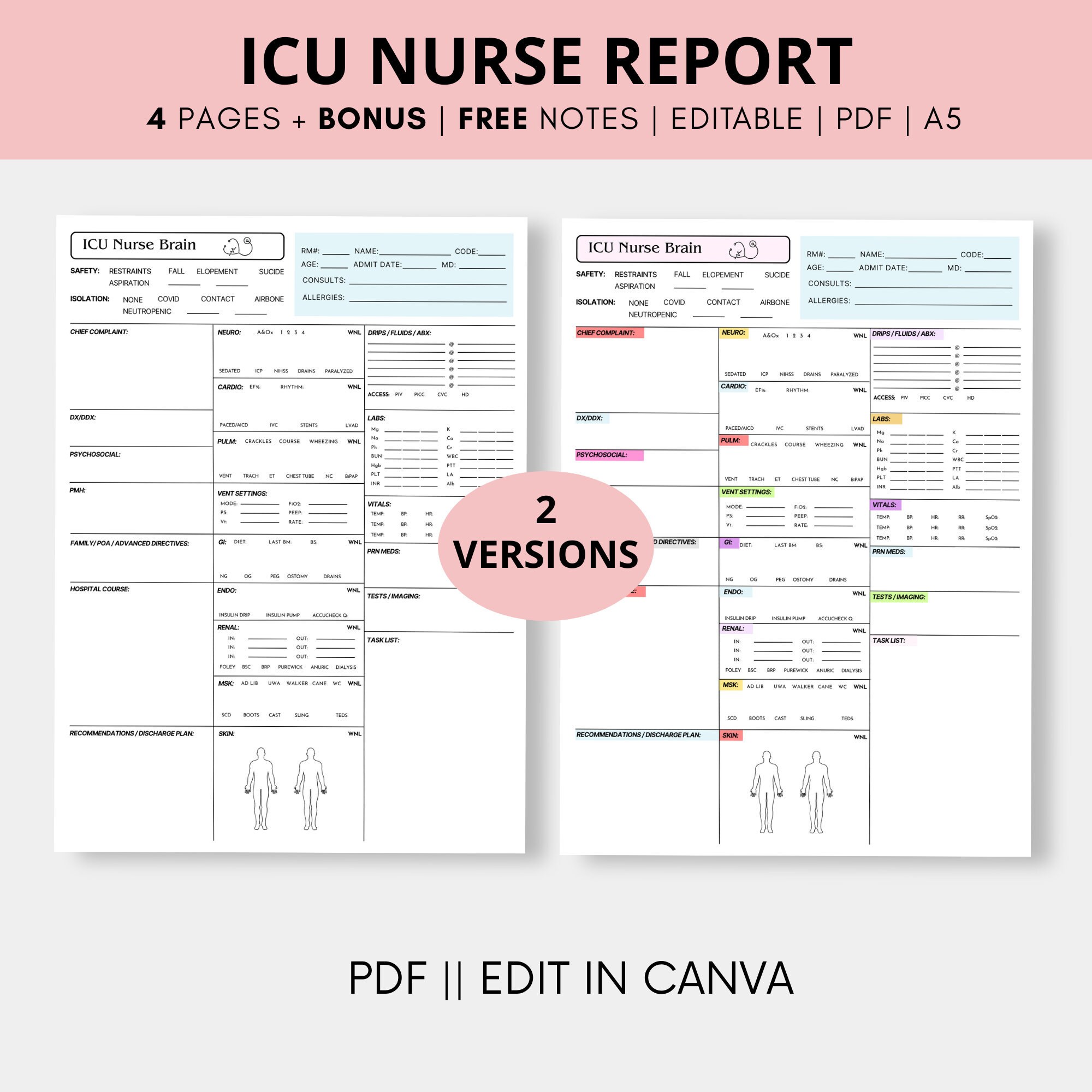 ICU Nurse Report Sheet: Patient Assessment Template (digital Download ...