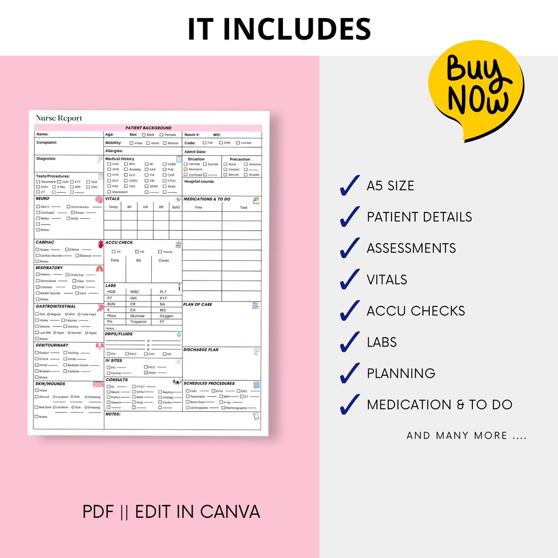 ICU Nurse Report Sheet: Med Surg RN With Medication Log (A5-US Letter ...