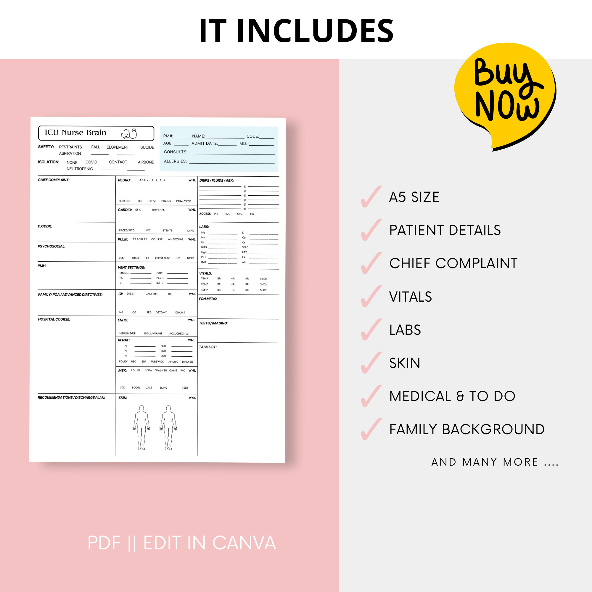 ICU Nurse Report Sheet: Patient Assessment Template (digital Download ...