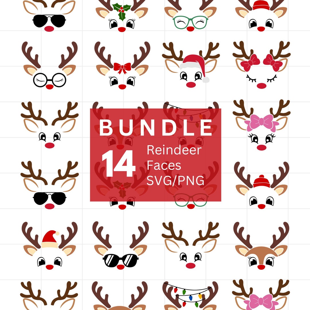 Christmas Reindeer Faces SVG PNG Bundle, Cute Cricut Cut Files - Etsy