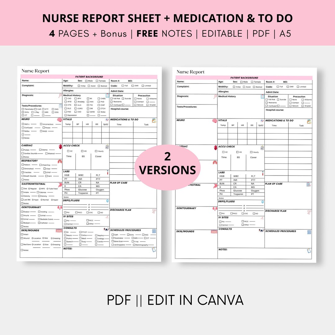 ICU Nurse Report Sheet: Med Surg RN With Medication Log (A5-US Letter ...