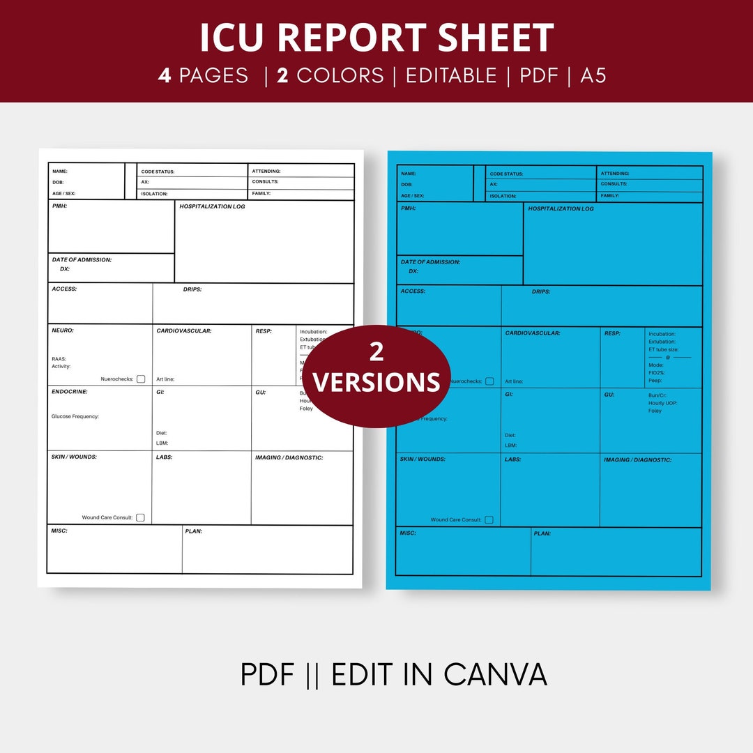 ICU Nurse Report Sheet: Printable Patient Assessment (PDF) - Etsy