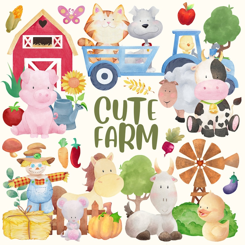 Cute Farm Clipart Farm Animals Watercolor Farm Digital Clip Art, Farm ...