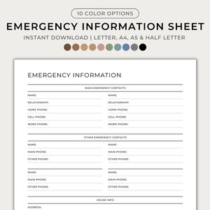Emergency Information Sheet, Printable, Minimal, Emergency Contact ...