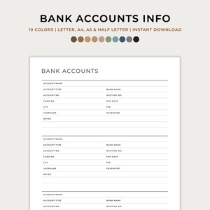 Bank Accounts Info Tracker Printable Template, Bank Account List, Bank ...