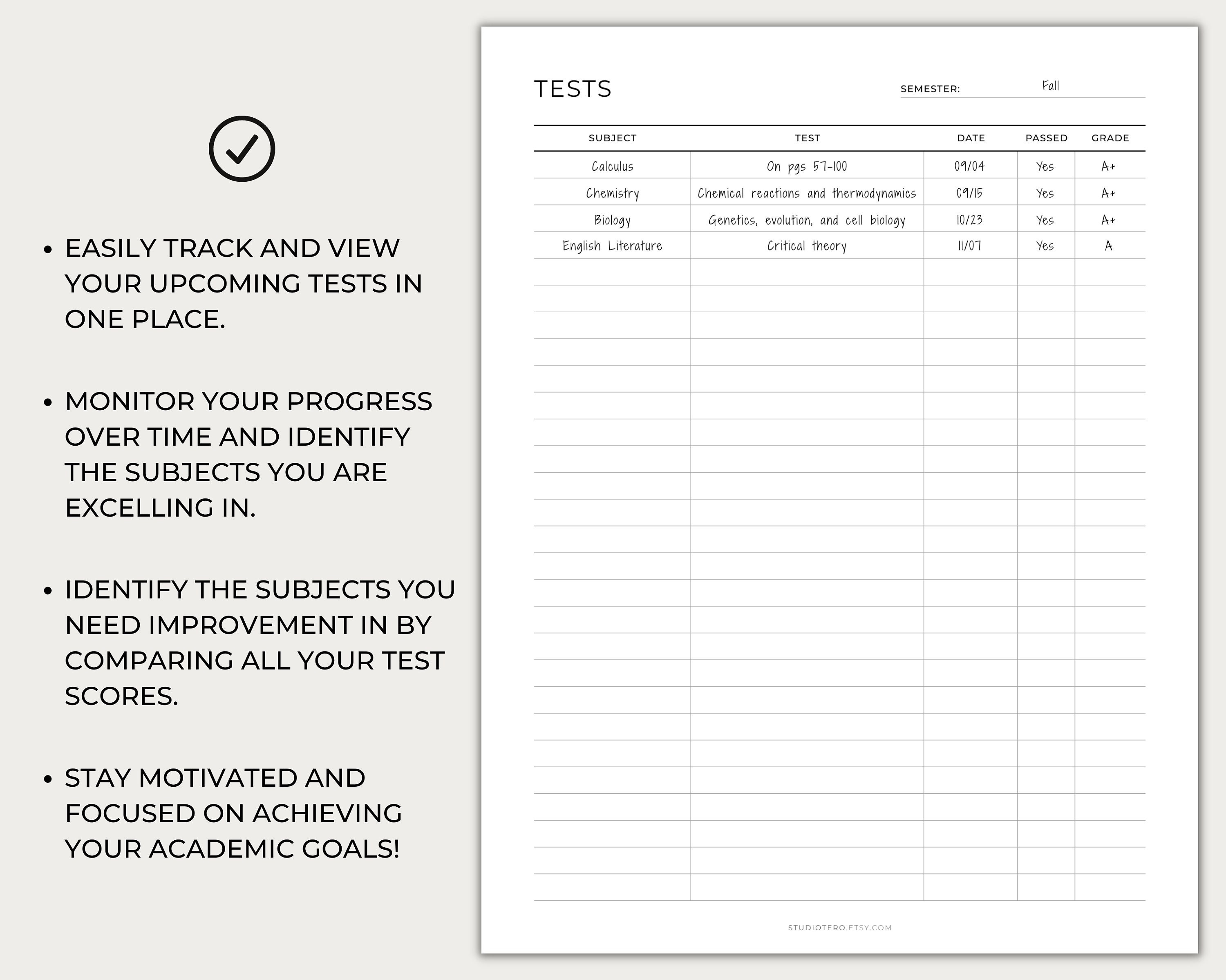 Tests Tracker, Printable, Minimal, Exams Tracker, Study Planner, Exam ...