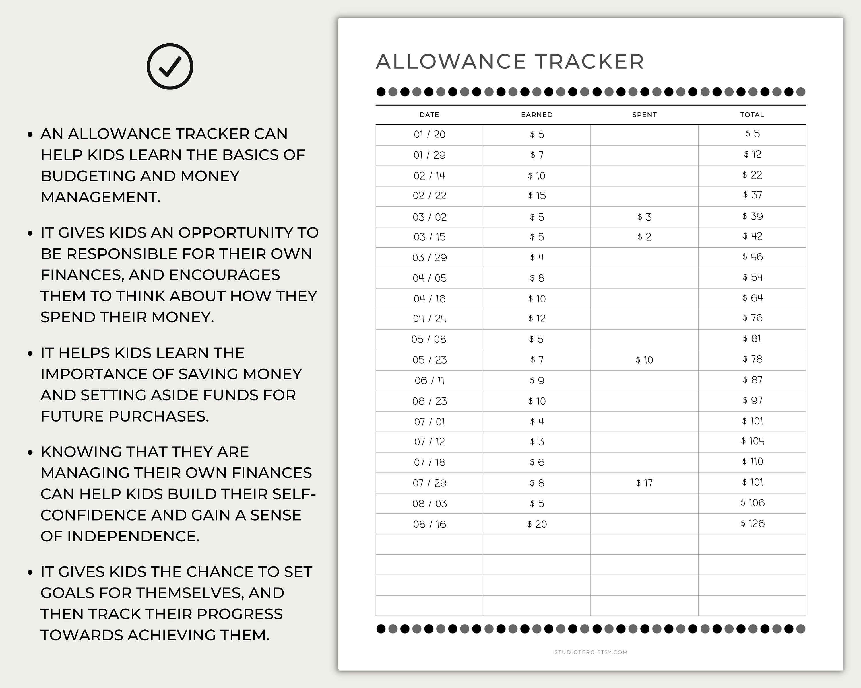 Kids Allowance Tracker, Printable, Minimal, Kids Allowance Log, Kids ...