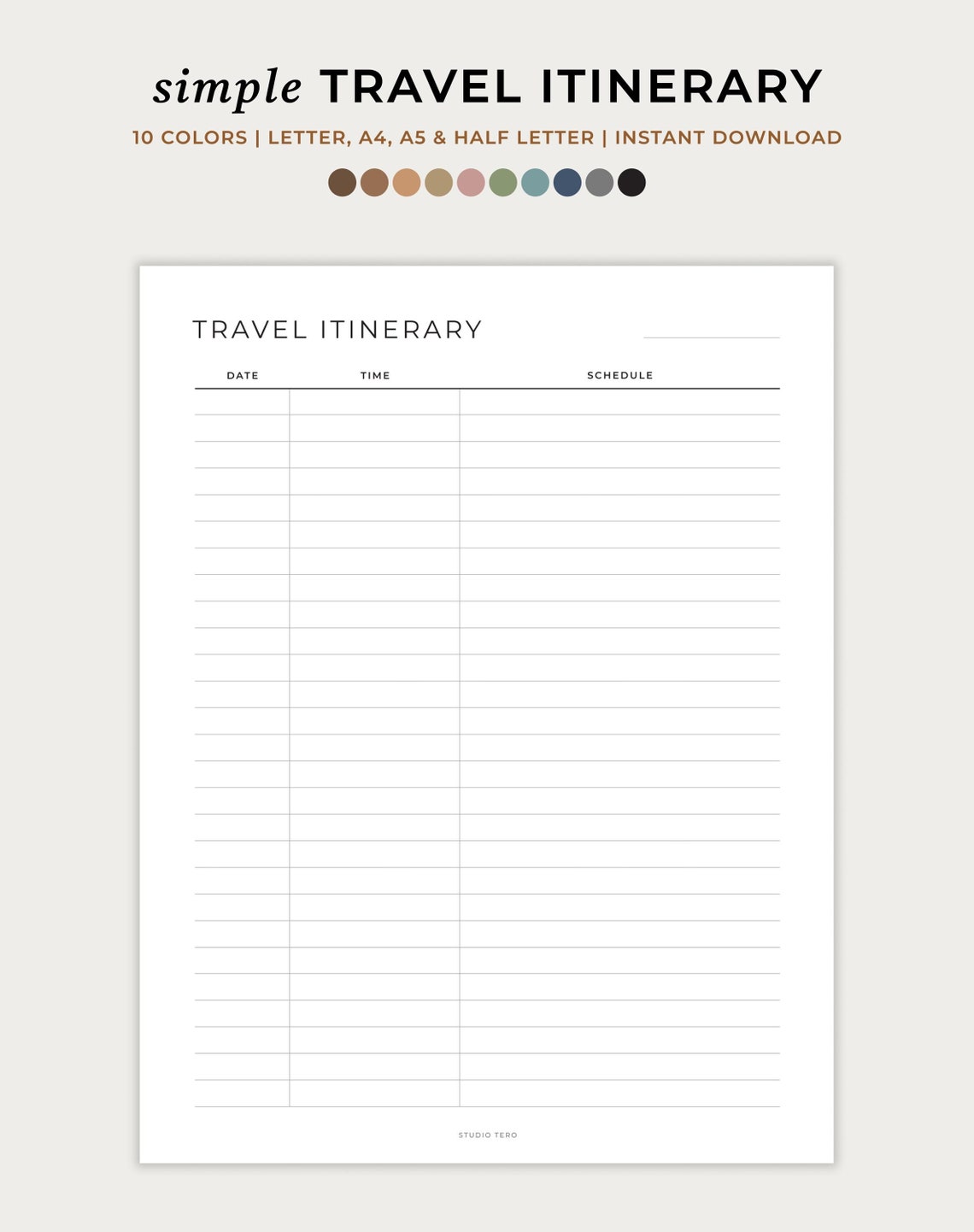 Simple Travel Itinerary Printable, Travel Planner Template, Vacation ...