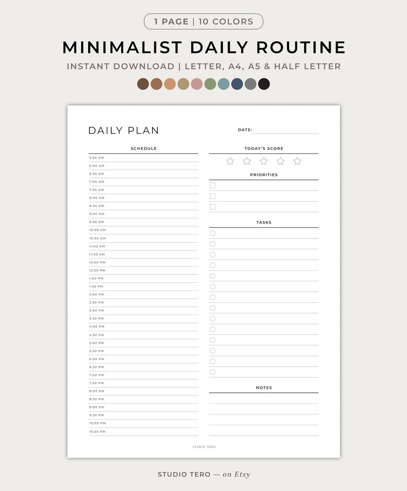 Minimalist Daily Routine, Daily Printable 8.5x11 Planner Daily Grind ...