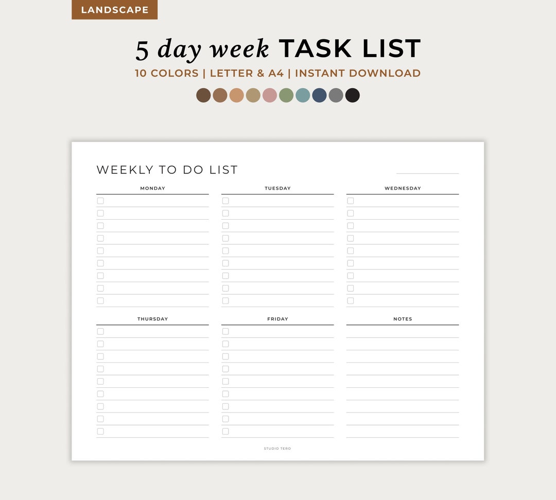 5 Day Week Task List, Printable, Weekly Planner Template, Student ...