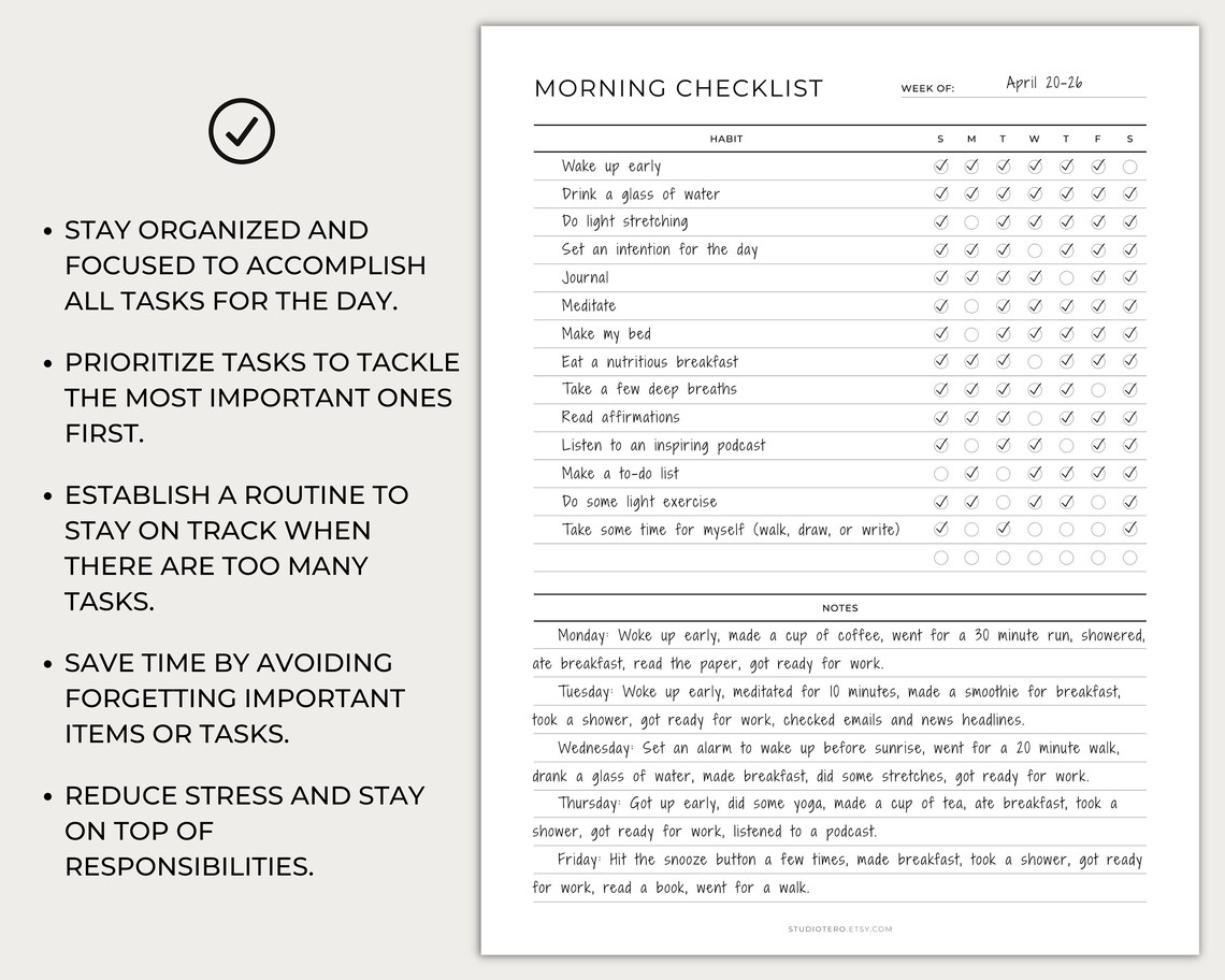 Morning Checklist, Printable, Minimal, to Do List, Daily Tasks Planner ...