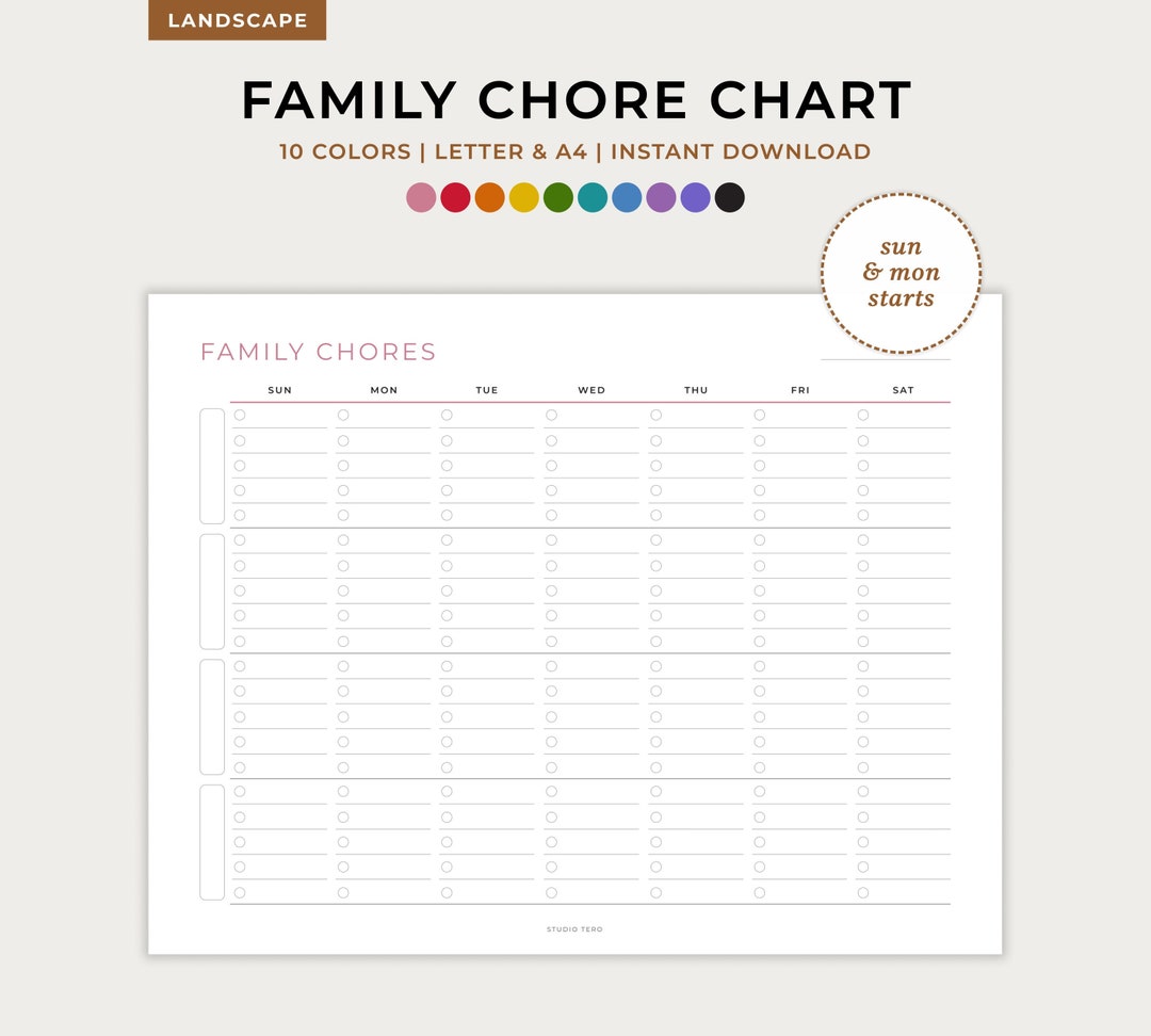 Family Chore Chart, Printable Landscape, Weekly Household Chores for ...