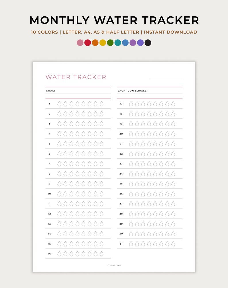 Monthly Water Tracker, Hydration Tracker, Water Intake, Drink Water ...