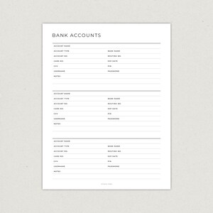 Bank Accounts Info Tracker Printable Template, Bank Account List, Bank ...