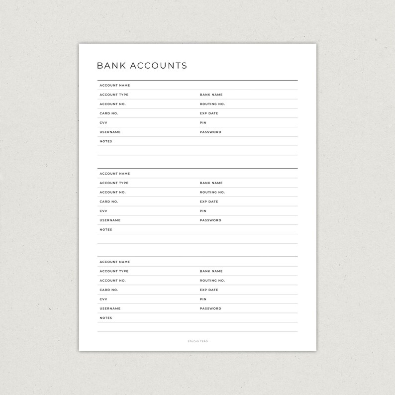 Bank Accounts Info Tracker Printable Template, Bank Account List, Bank ...