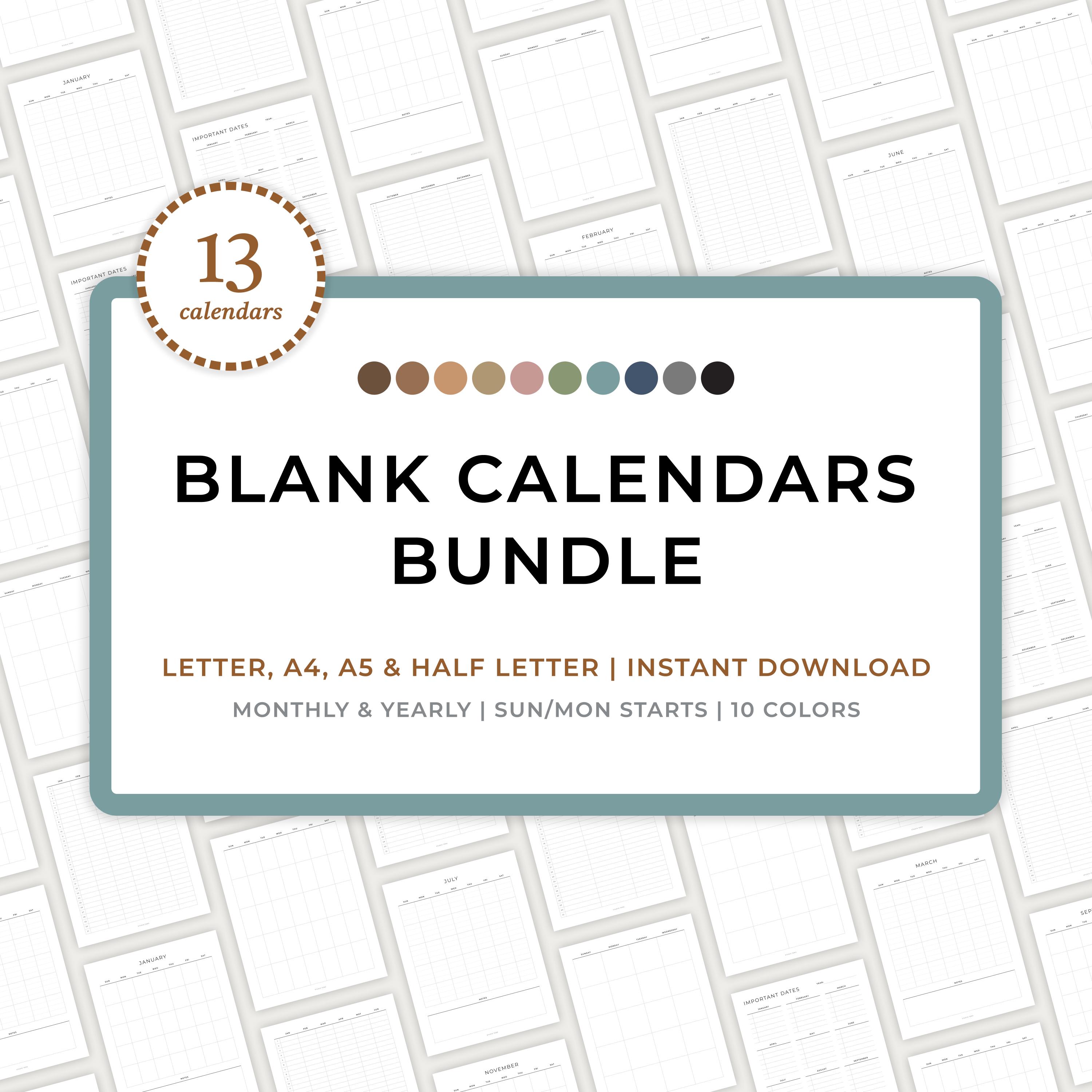 Blank Calendars BUNDLE, Yearly Calendar, Undated Calendars, Monthly ...