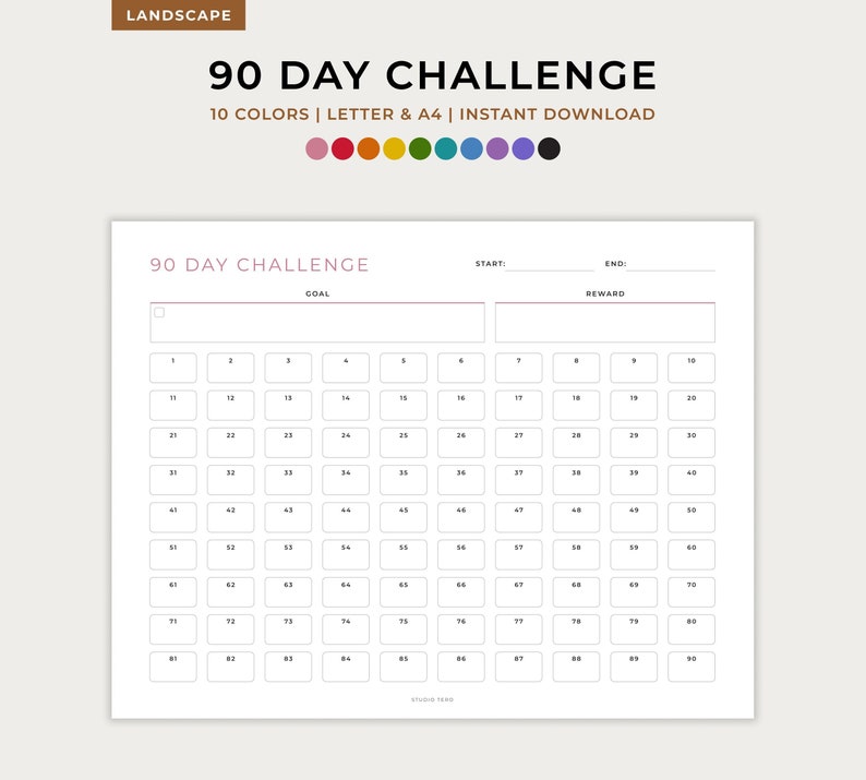 90 Day Challenge, Printable Landscape, Minimalist Planner, Goal Setting ...