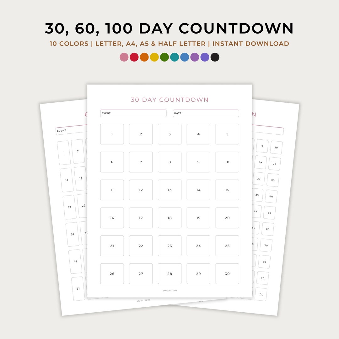 30, 60, 100 Day Countdown Tracker to Vacation, Birthday, Graduation ...