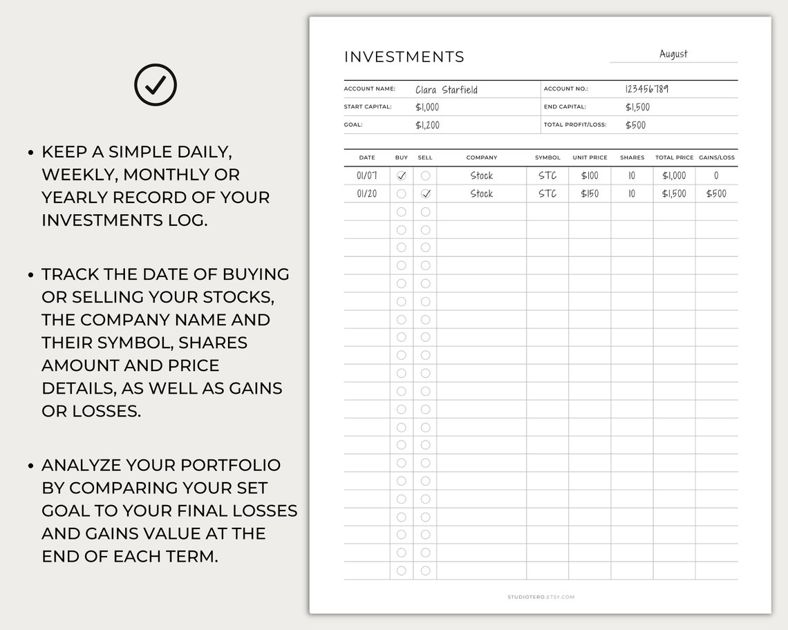 Investments Tracker, Printable, Minimal, Stocks Planner, Investments ...