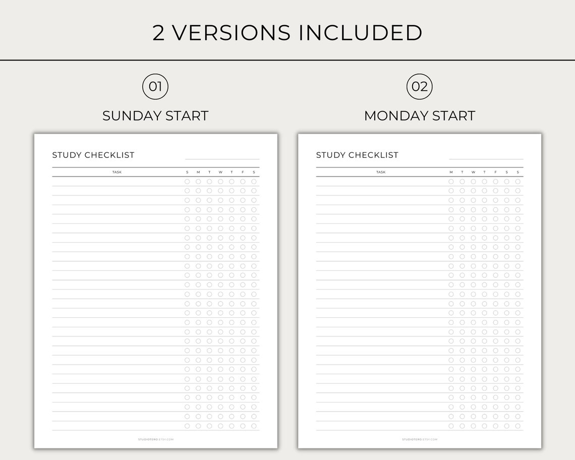 Study Checklist, Printable, Minimal, Student Planner, School Tasks Tracker, to Do List ...