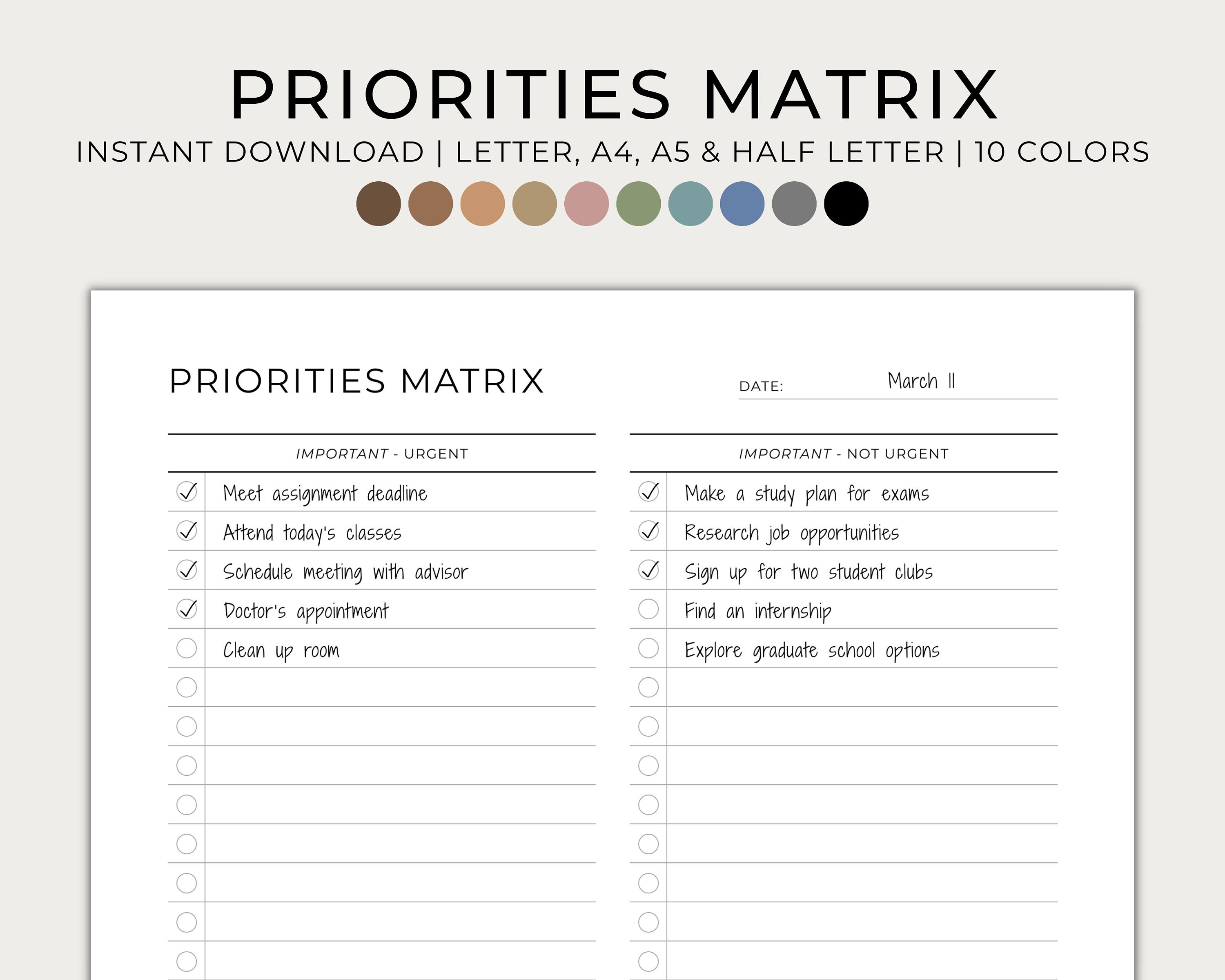 Priorities Matrix Planner, Printable, Minimal, Productivity Planner ...