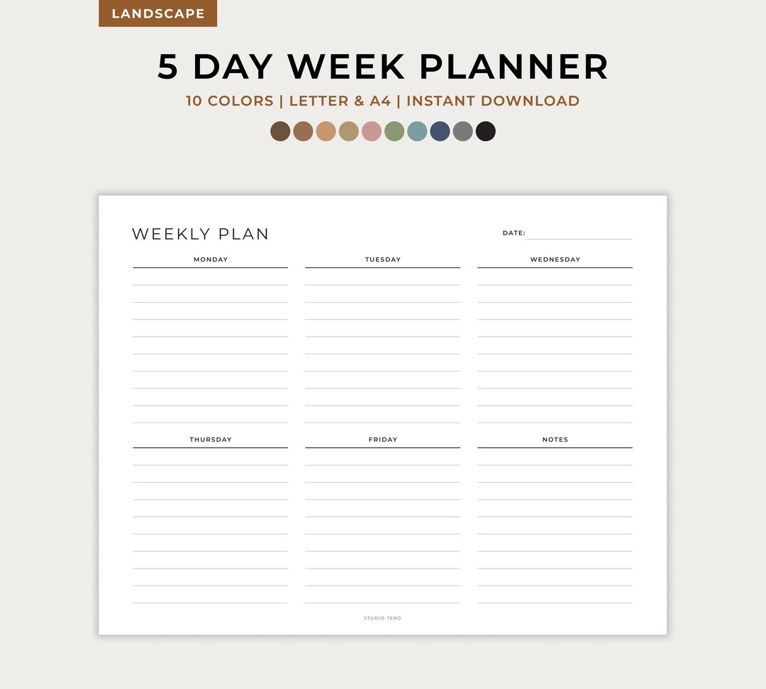 5 Day Week Planner, Desktop Plan Weekly H Undated Plan Strategic Boxes ...