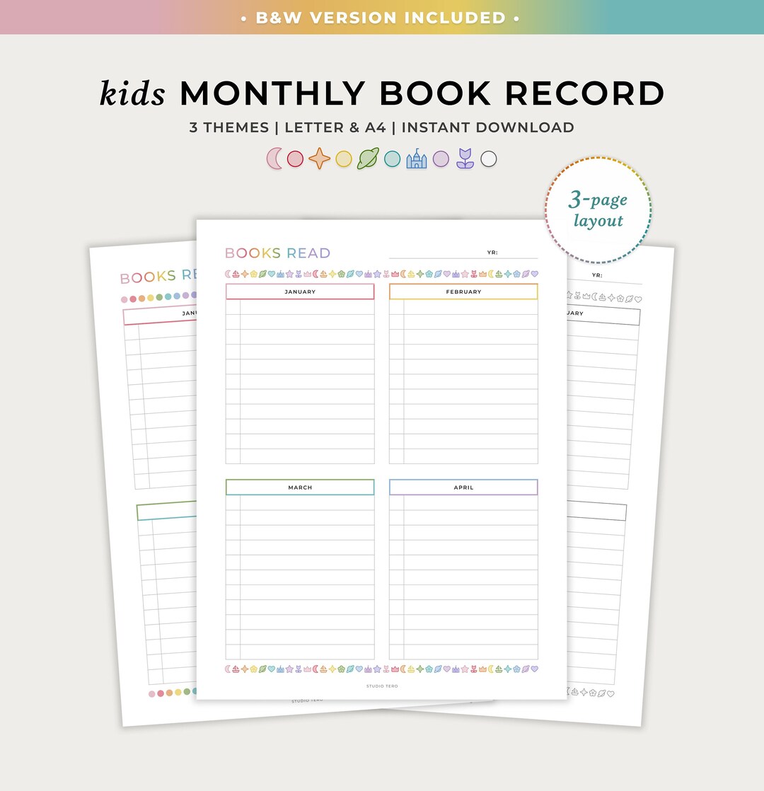 Kids Monthly Book Record, Printable, Minimal, Kids Book Log, Kids ...